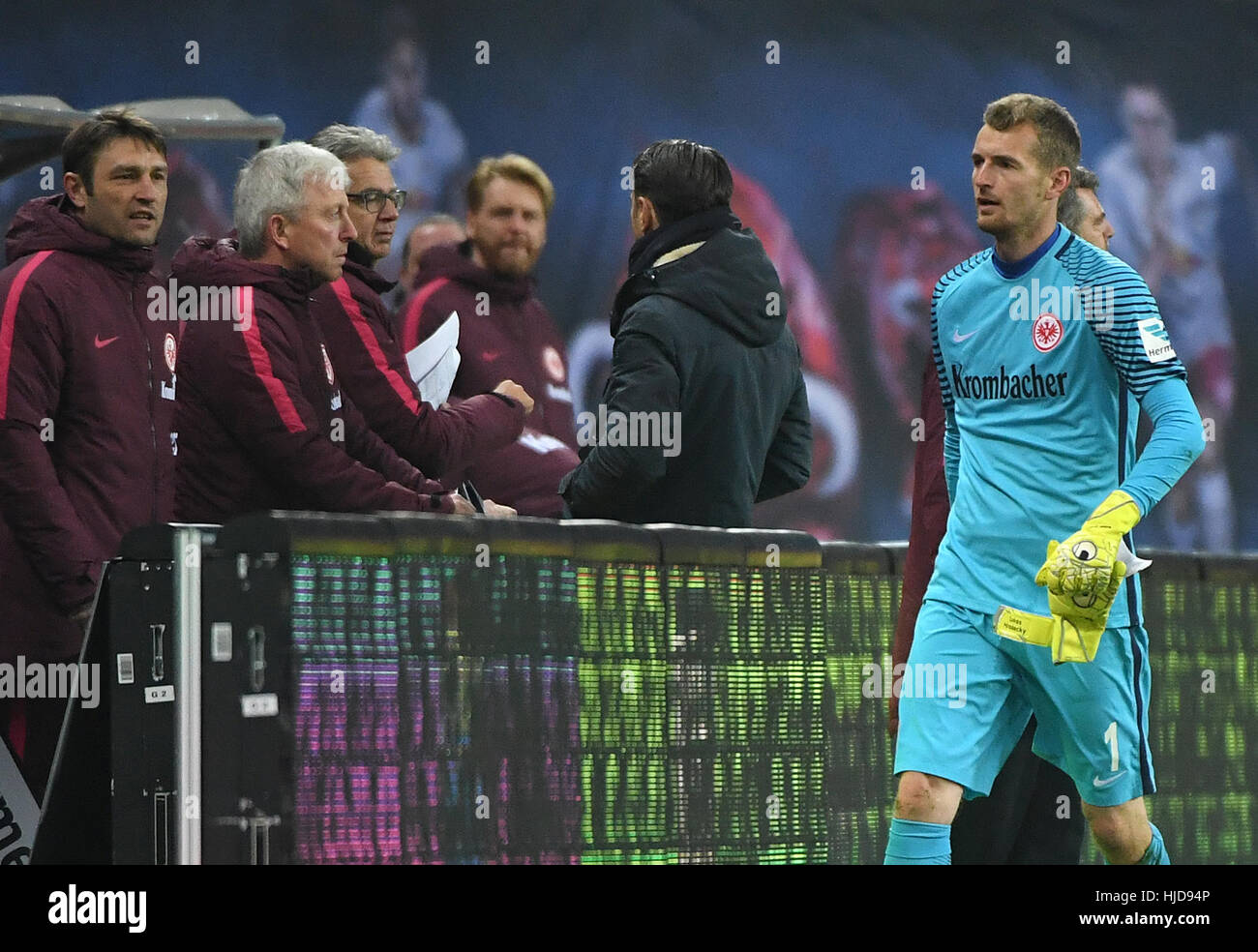 Leipzig, Germany. 21st Jan, 2017. Frankfurt goalkeeper Lukas Hradecky ...