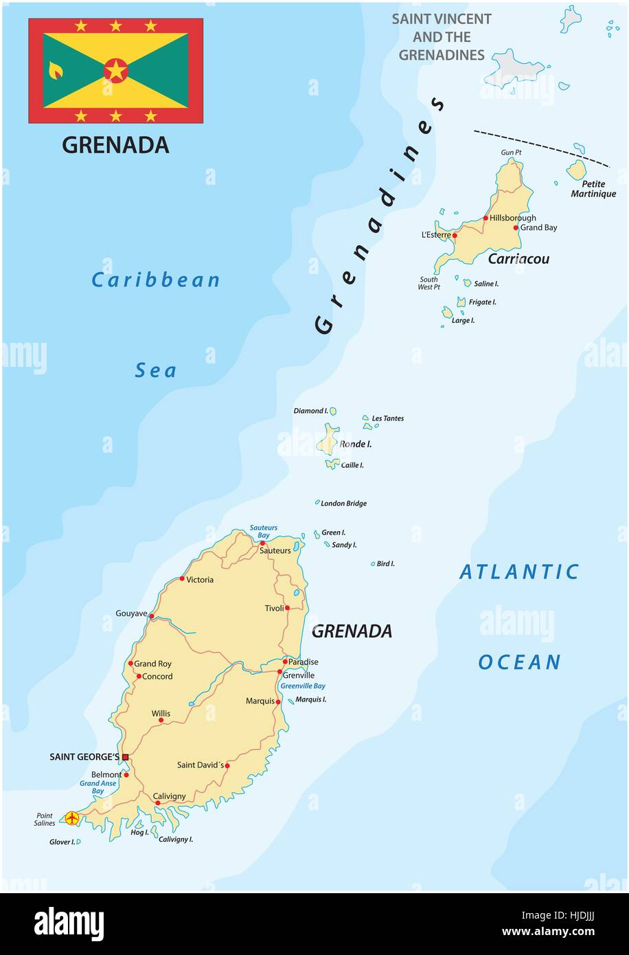 grenada road map with flag Stock Vector Image & Art - Alamy