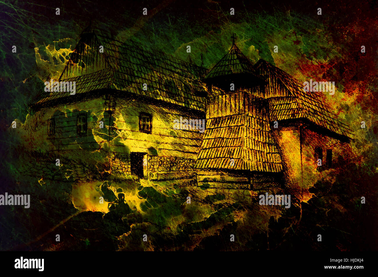 idylic willage houses with wooden belfry, pencil drawing on paper with ...