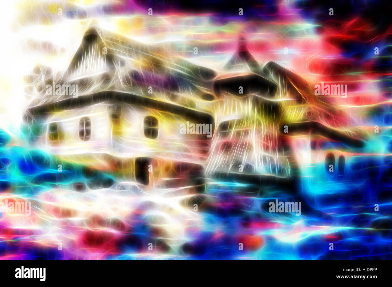 idylic willage houses with wooden belfry, pencil drawing on paper with ...