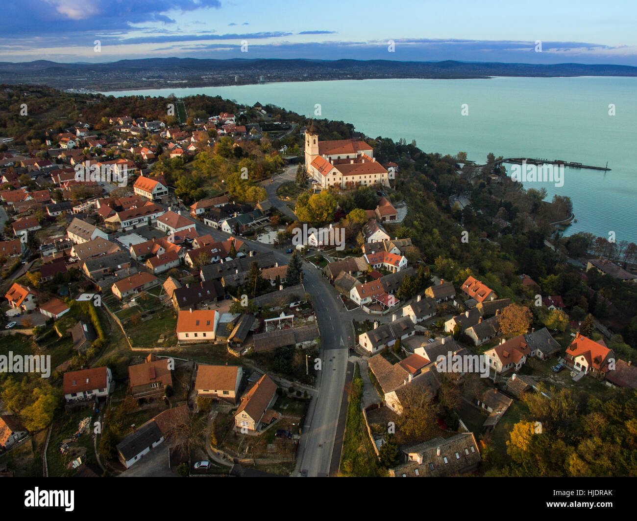 Aerial view of Tihany monastery and village on Balaton lake in Hungary ...
