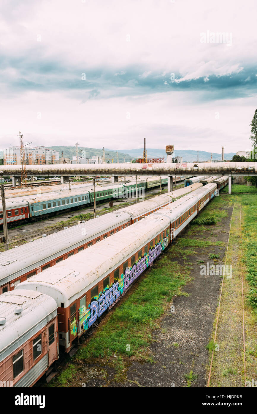 Rows of older railway carriages on Tbilisi Railway station, Tbilisi ...