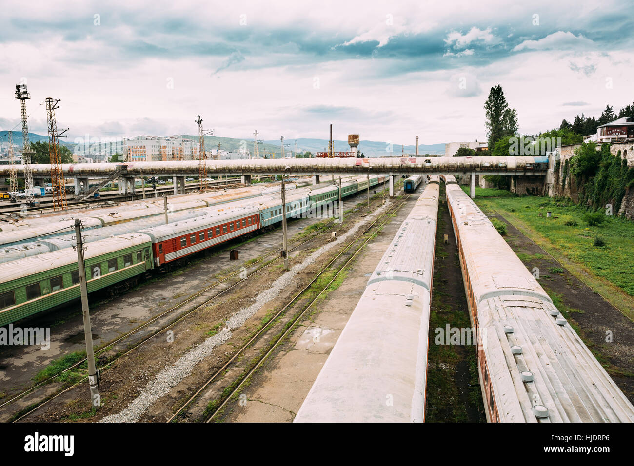 Rows of older railway carriages on Tbilisi Railway station, Tbilisi ...