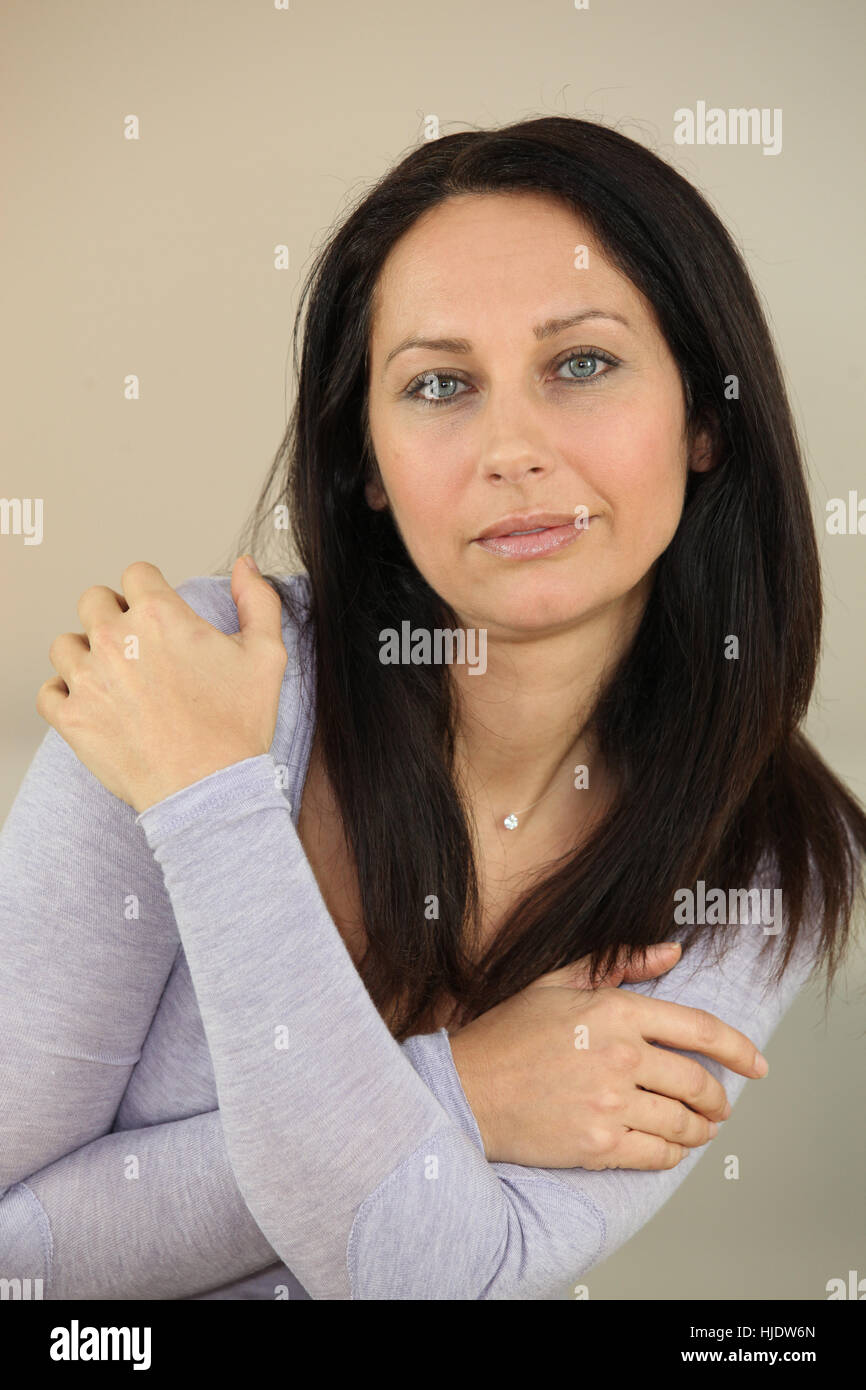 blue, blank, european, caucasian, bitter, aging, arms, woman, close ...