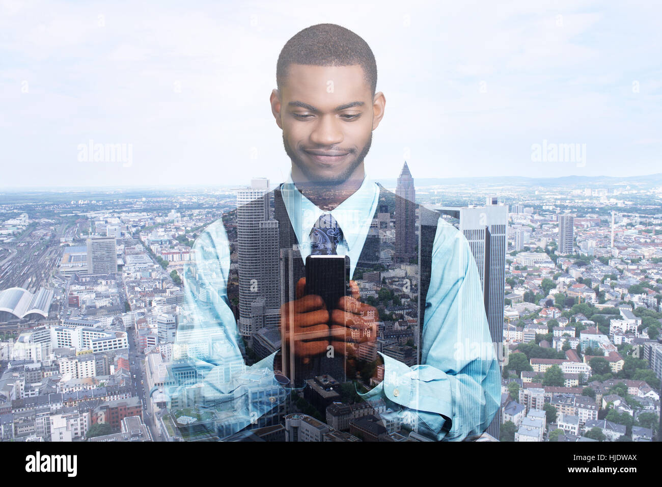 Double exposure of happy successful businessman using texting on smart ...