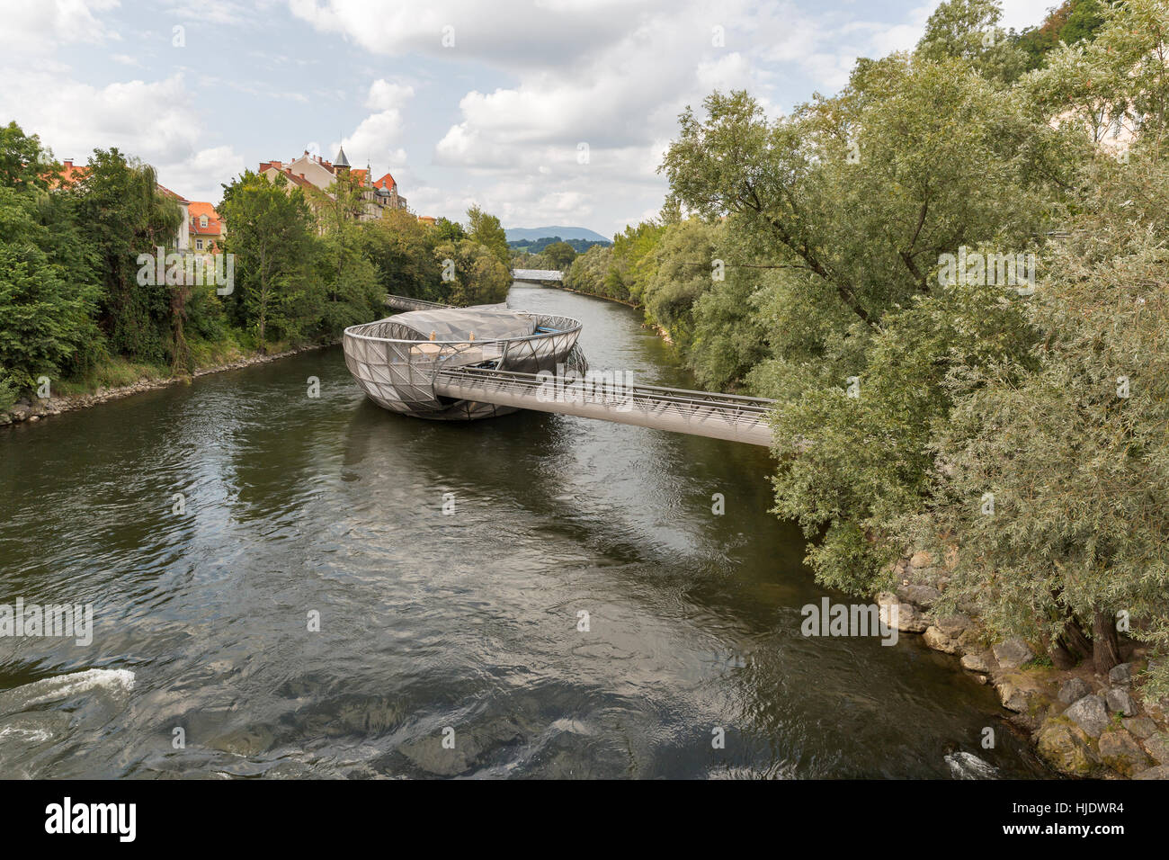GRAZ, AUSTRIA - SEPTEMBER 11, 2015: Artificial island on the Mur river ...