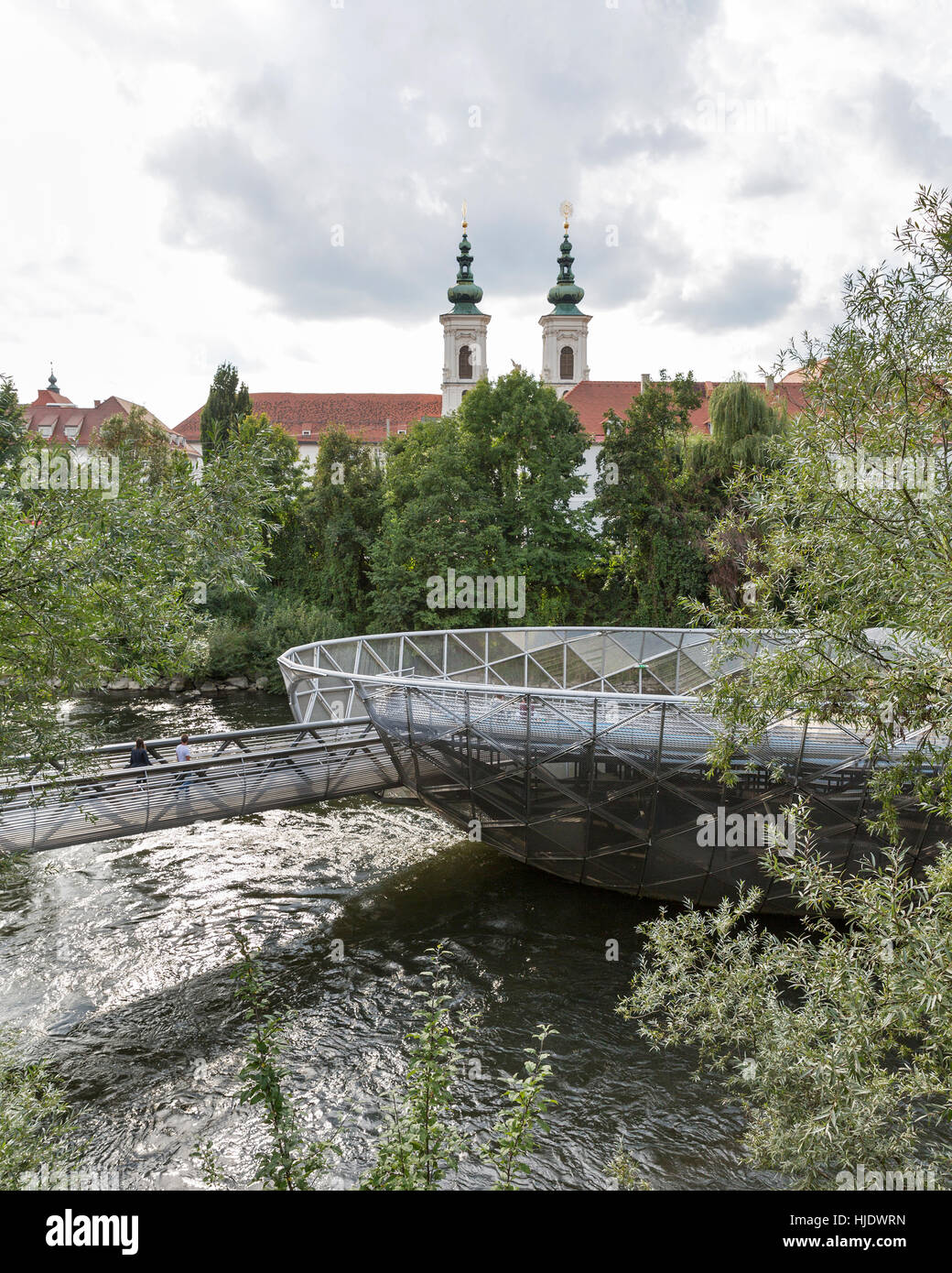 GRAZ, AUSTRIA - SEPTEMBER 11, 2015: Artificial island on the Mur river ...