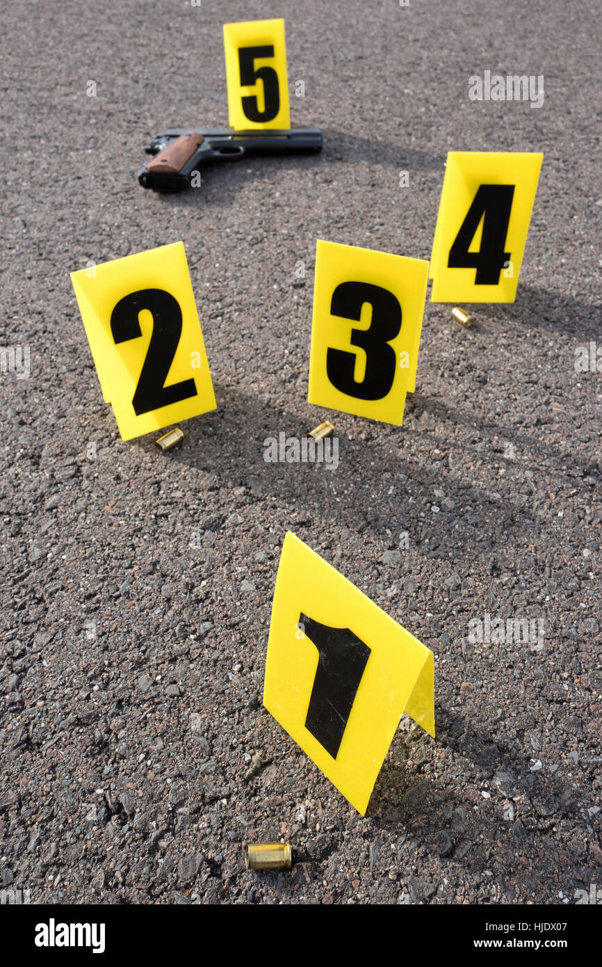 ID tents at crime scene after gunfight Stock Photo - Alamy