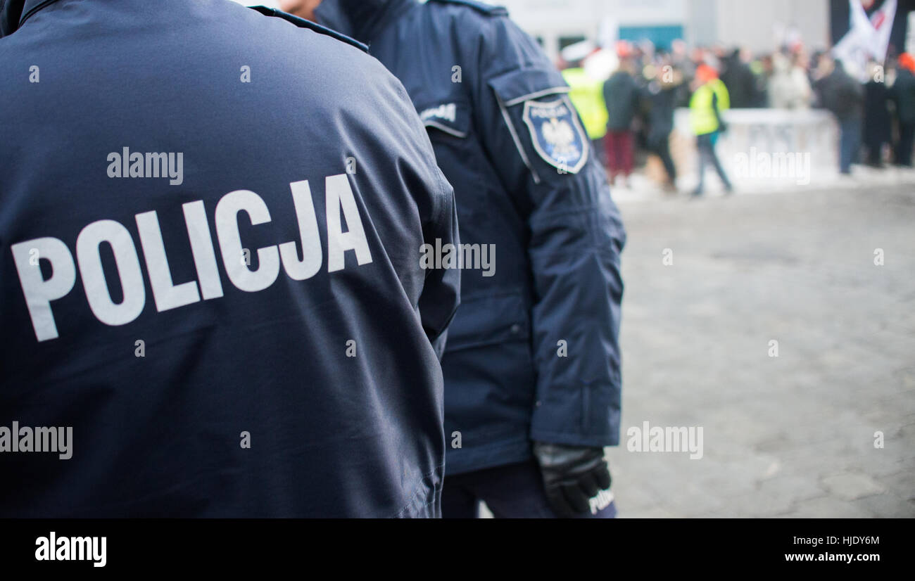 detail of a police (Policja) officer in Poland, demonstration in ...