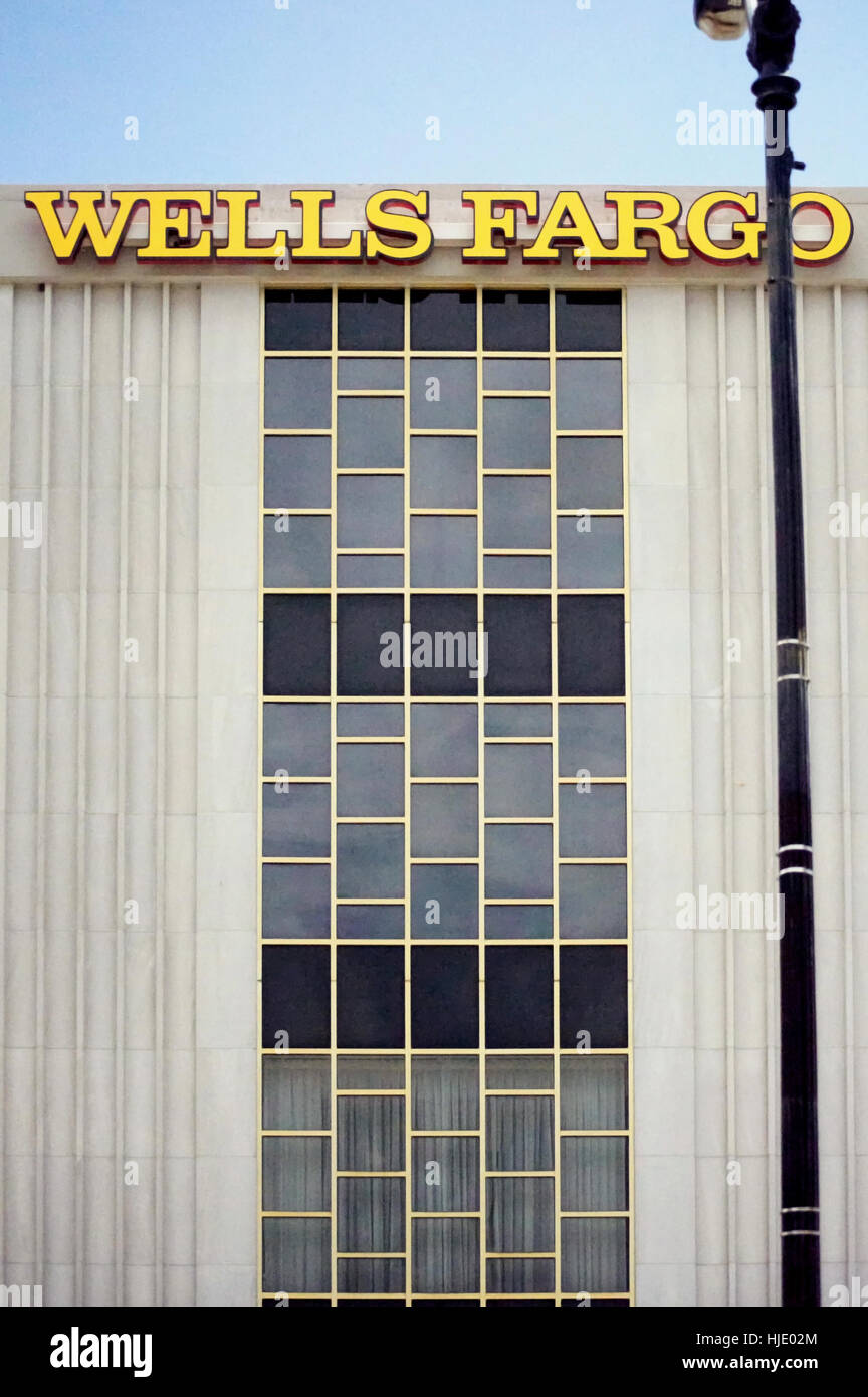 A Wells fargo bank high rise office building with a lamp post Stock ...