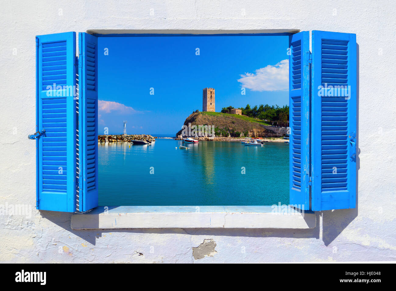 Sea view through traditional greek window Stock Photo - Alamy