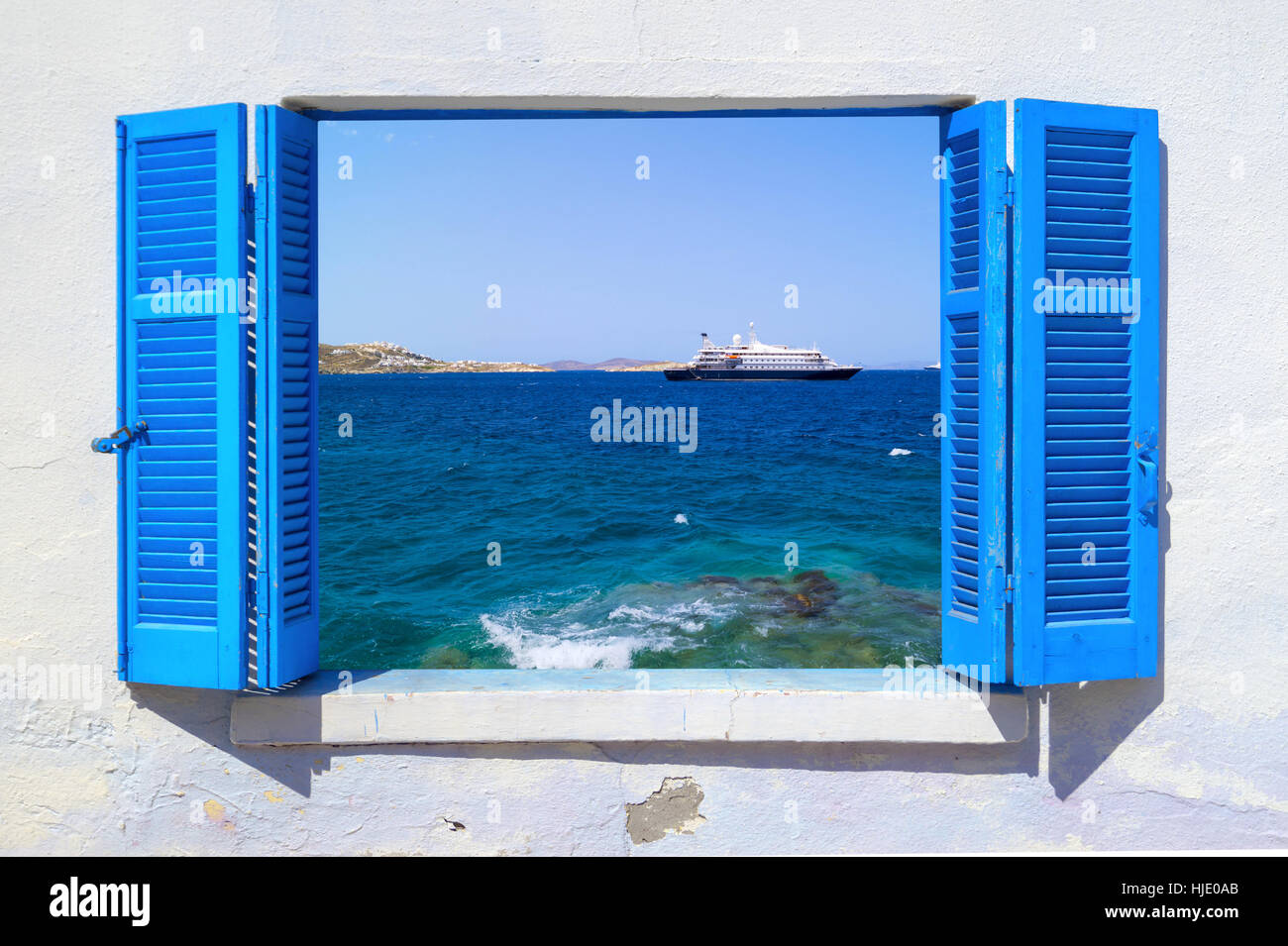 Sea view through traditional greek window Stock Photo - Alamy