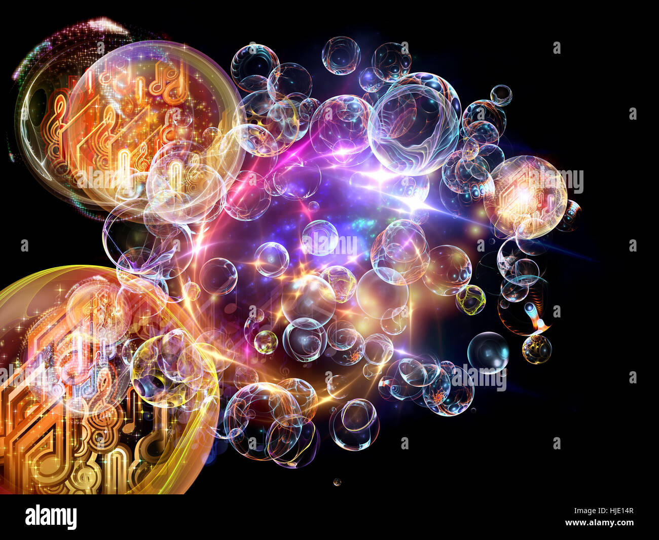 Bubble Symphony series. Backdrop of musical notes, fractal spheres and ...