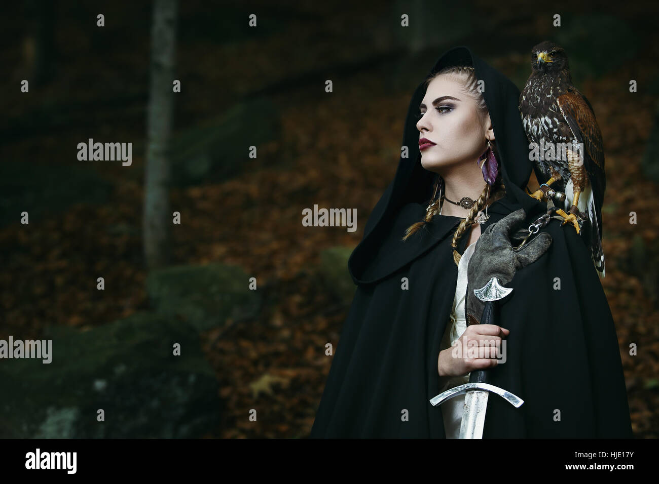 Proud female warrior with hawk .Dark woods background Stock Photo - Alamy