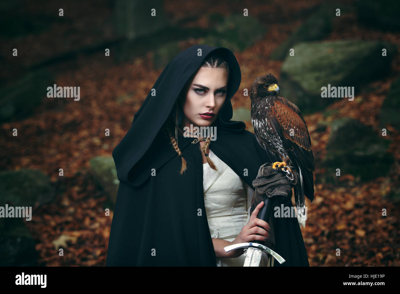 Female warrior with sword and hawk. Cinematic colors Stock Photo - Alamy