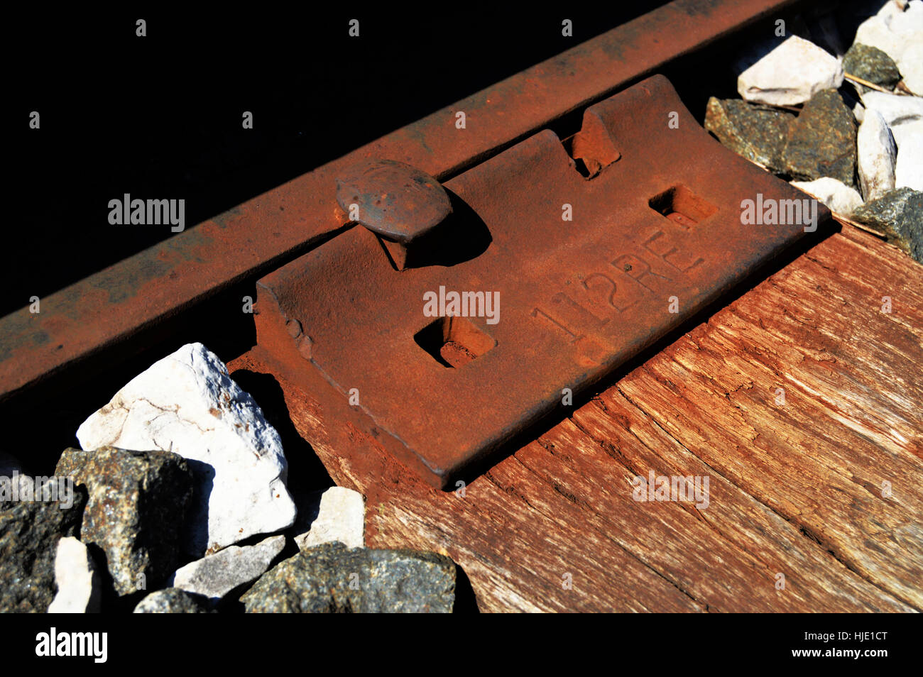 Closeup of an iron nail holding the railroad track to the railroad tie ...