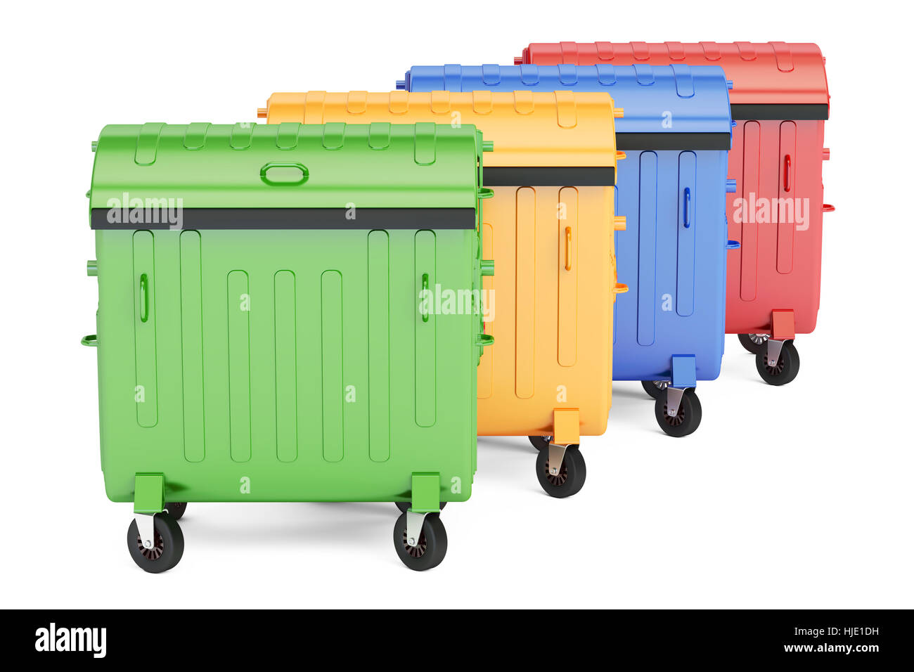 closed colored garbage containers, 3D rendering isolated on white ...