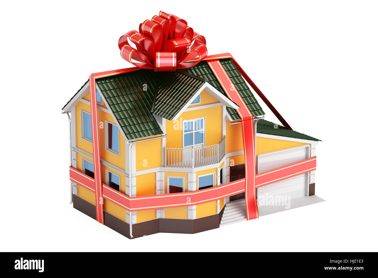House gift. Mansion with ribbon and bow, 3D rendering isolated on white ...