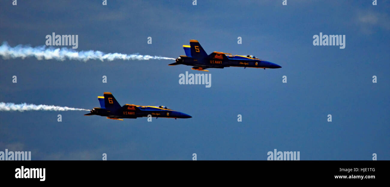 The blue angel jet performers flying in formation over their home base ...
