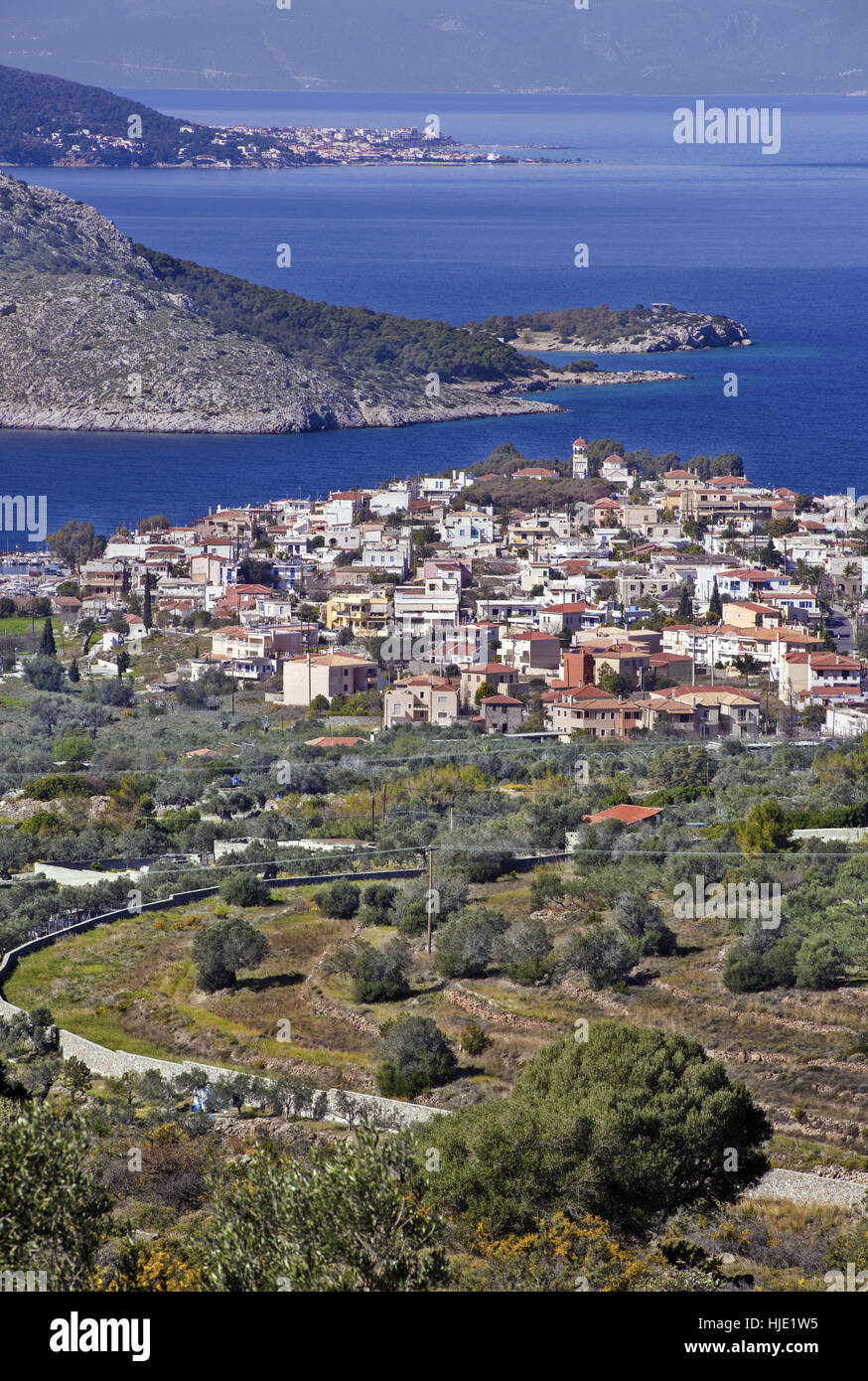 Close view to Perdika village in Aegina island in the Saronic gulf, one ...