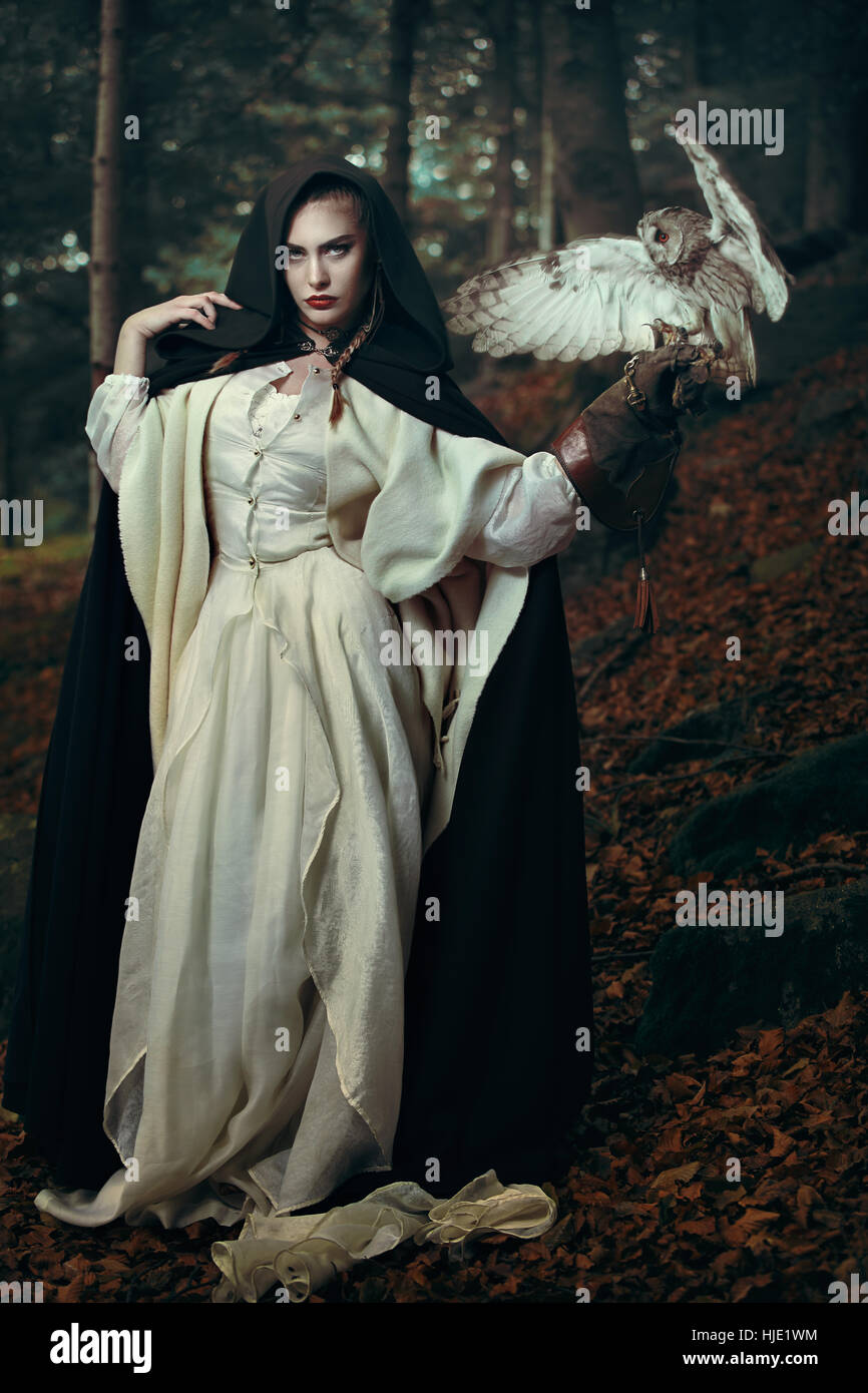 Beautiful lady of the forest with her owl .Fantasy and fairytale Stock ...