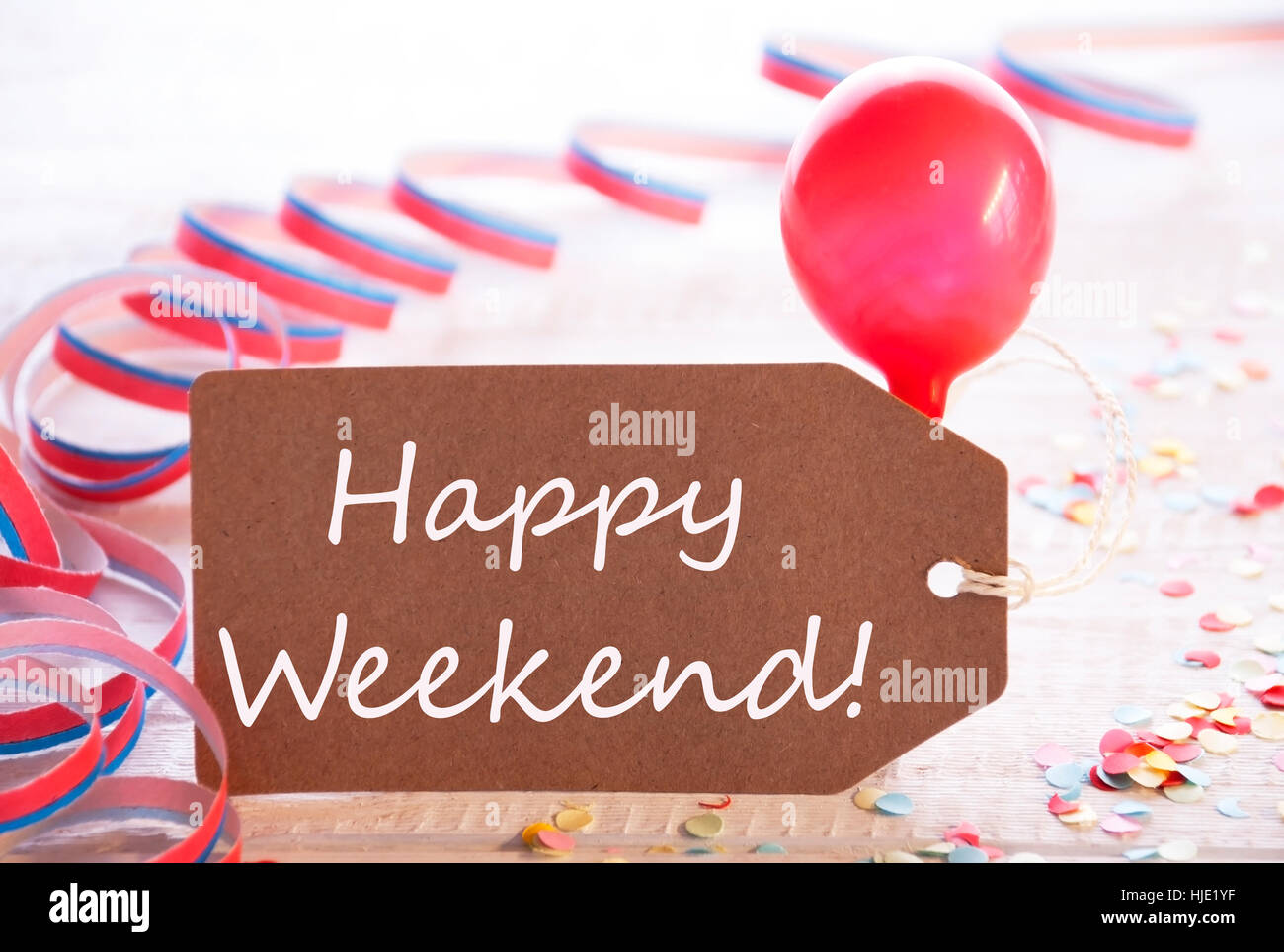 Party Label With Streamer, Balloon, Text Happy Weekend Stock Photo - Alamy