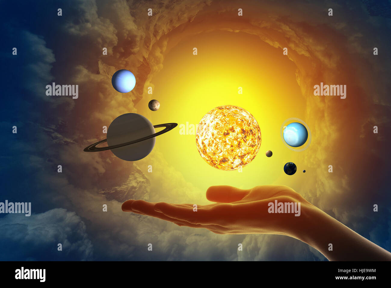 Close up of planet sun system in your hand Stock Photo - Alamy