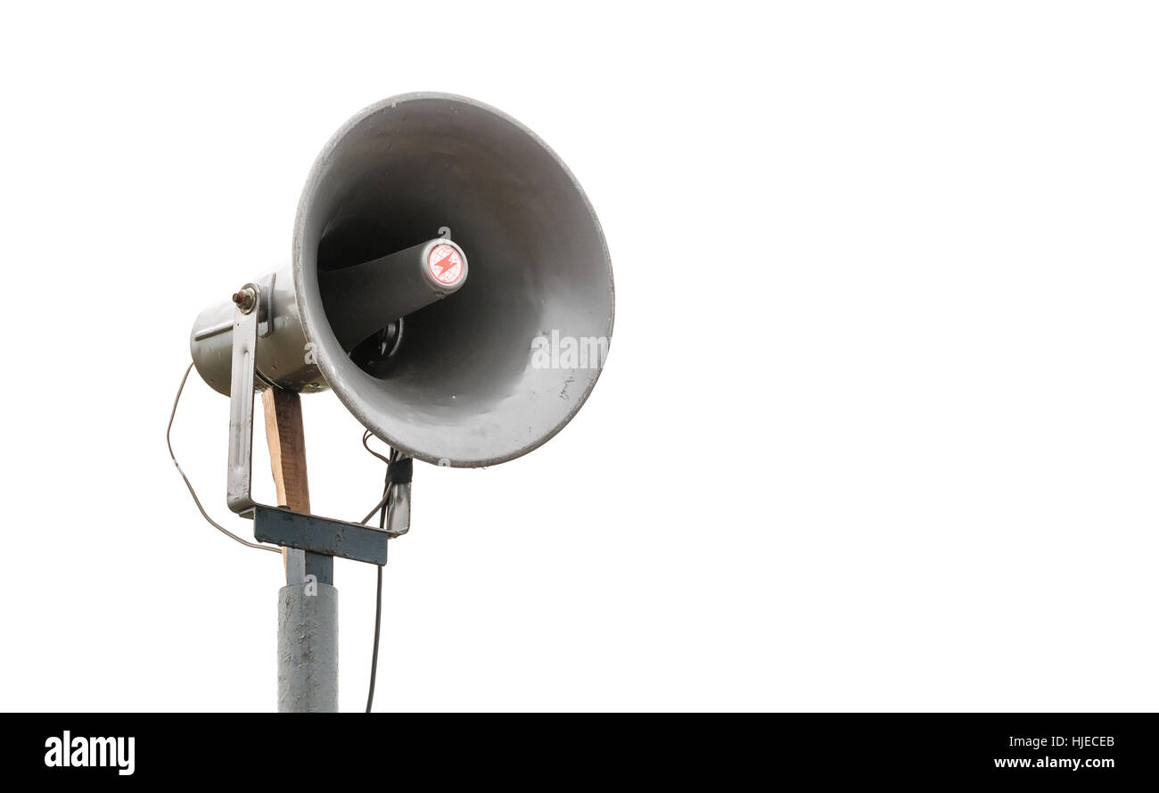 Old vintage megaphone isolated on white background Stock Photo - Alamy