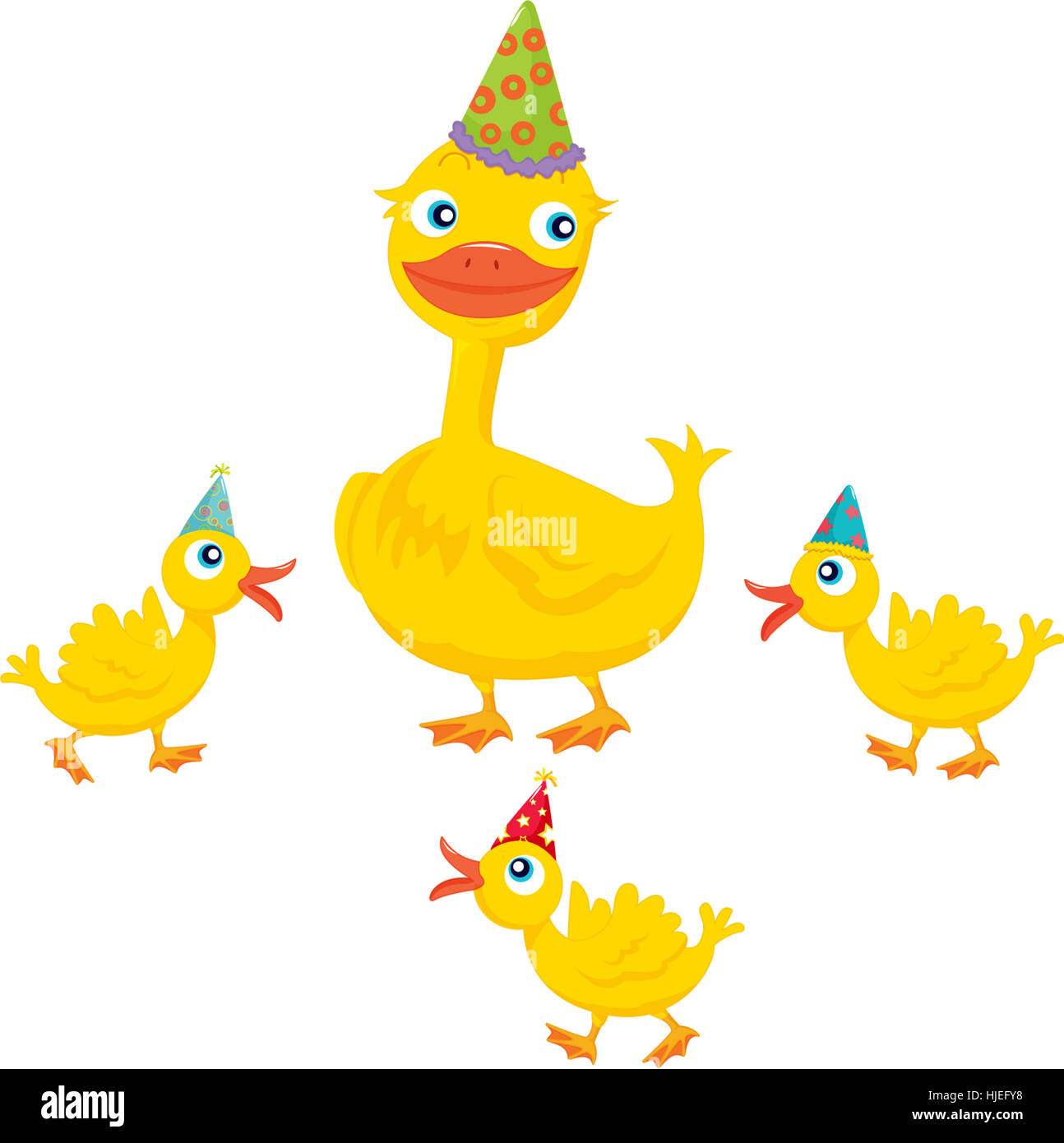 an illustration of four ducks with party hats on Stock Photo - Alamy