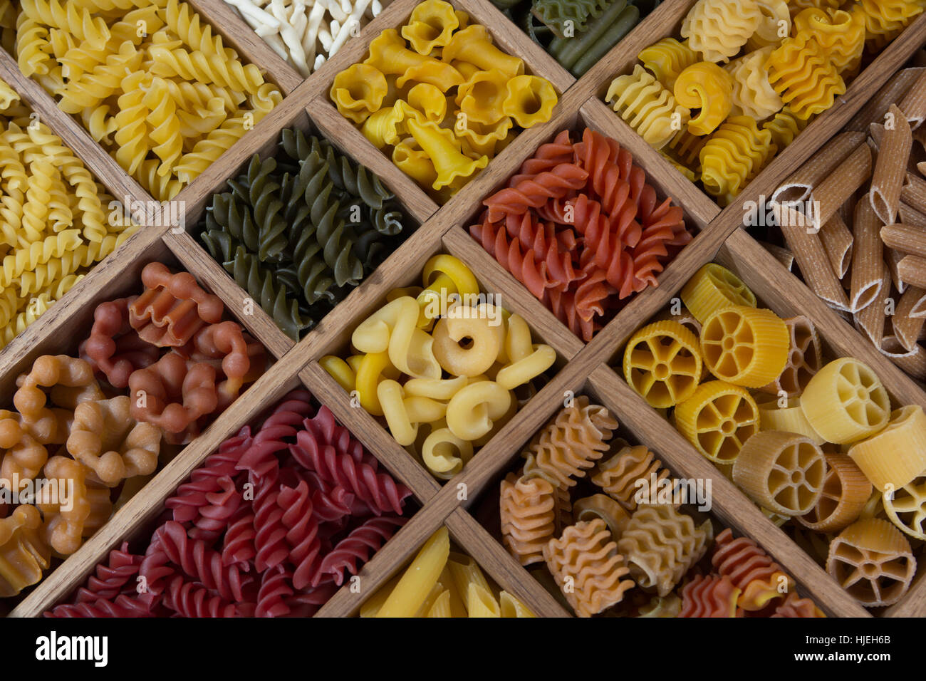 Variety of types, colors and shapes of Italian pasta. Dry pasta ...