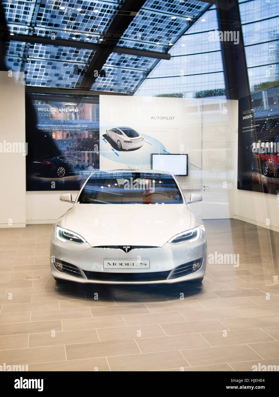 Tesla Model S in Tesla Car showroom in Milano, Piazza Gae Aulenti ...