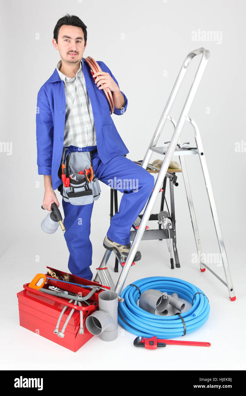 male, masculine, foot, standing, plumber, ladder, plumbing, man, step ...