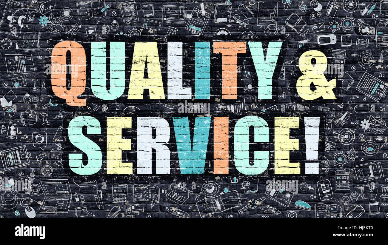 Multicolor Quality and Service on Dark Brickwall. Doodle Style Stock ...