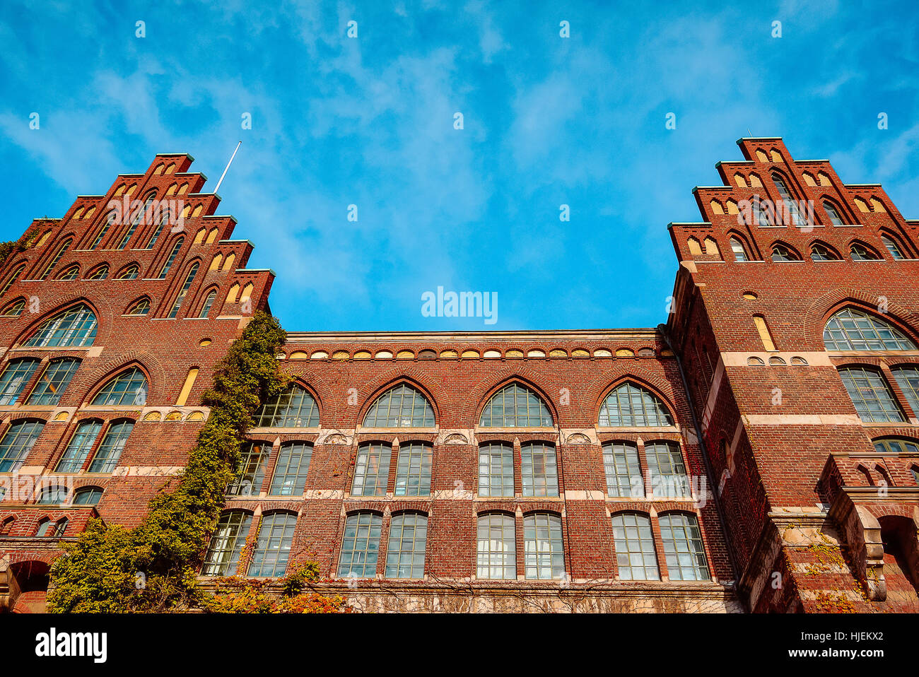 Lund University Library. An huge brick facade with ivy against blue sky ...
