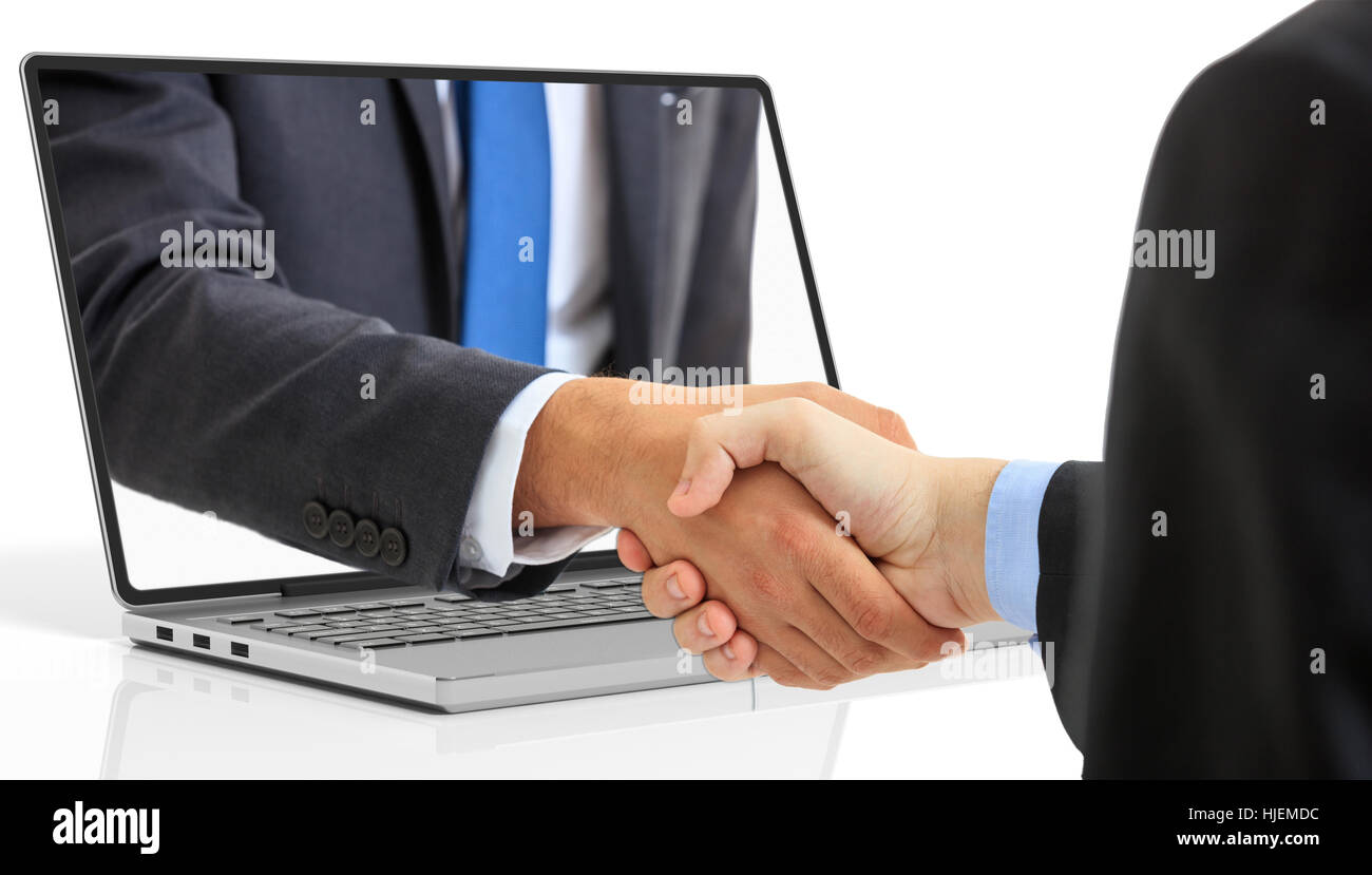 3d rendering men shaking hands through a laptop screen on white ...