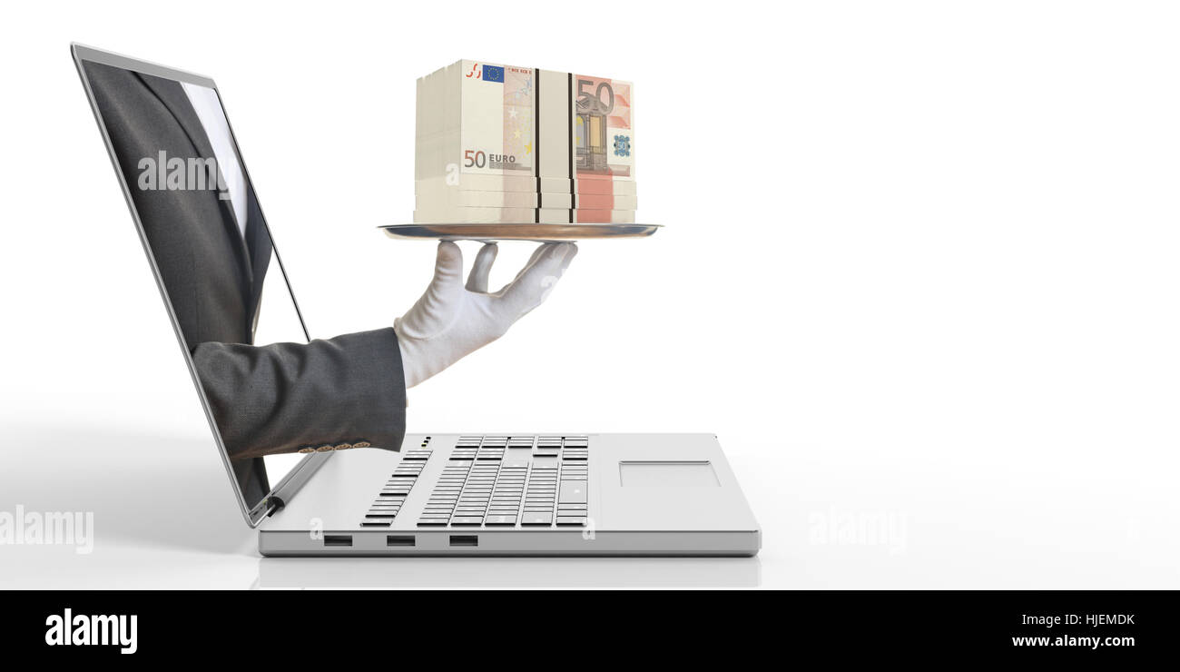 3d rendering waiter offering money through a laptop screen Stock Photo ...