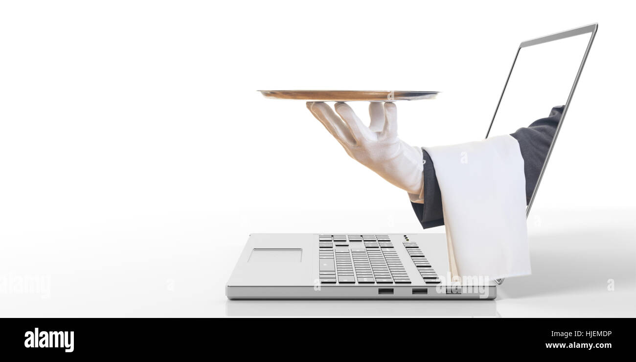 3d rendering waiter offering a tray through a laptop screen Stock Photo ...