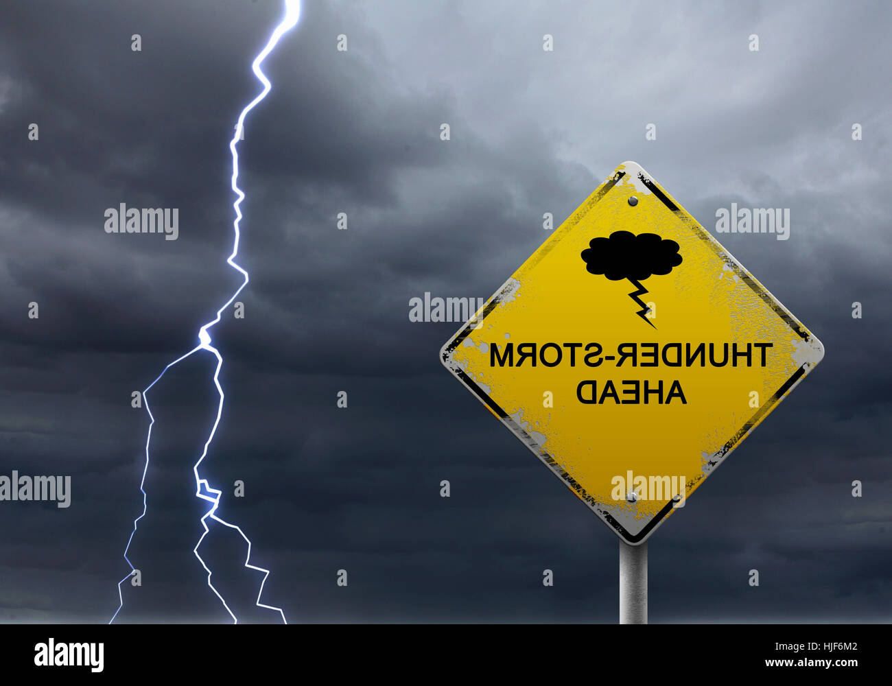 yellow warning sign of bad weather ahead against stormy sky Stock Photo ...