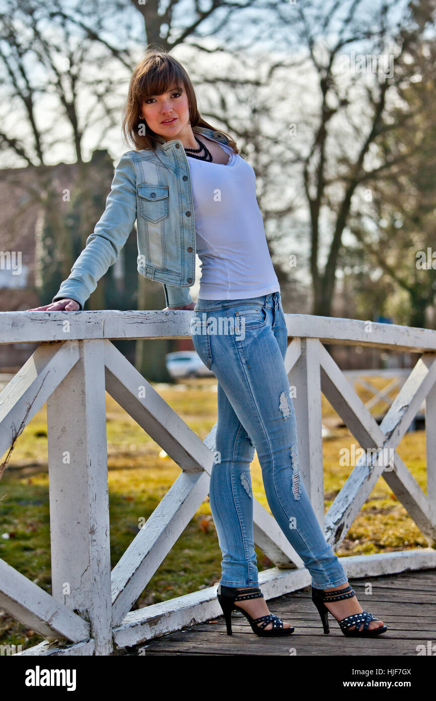 woman, park, bridge, spring, photo model, model, river, water, pose ...