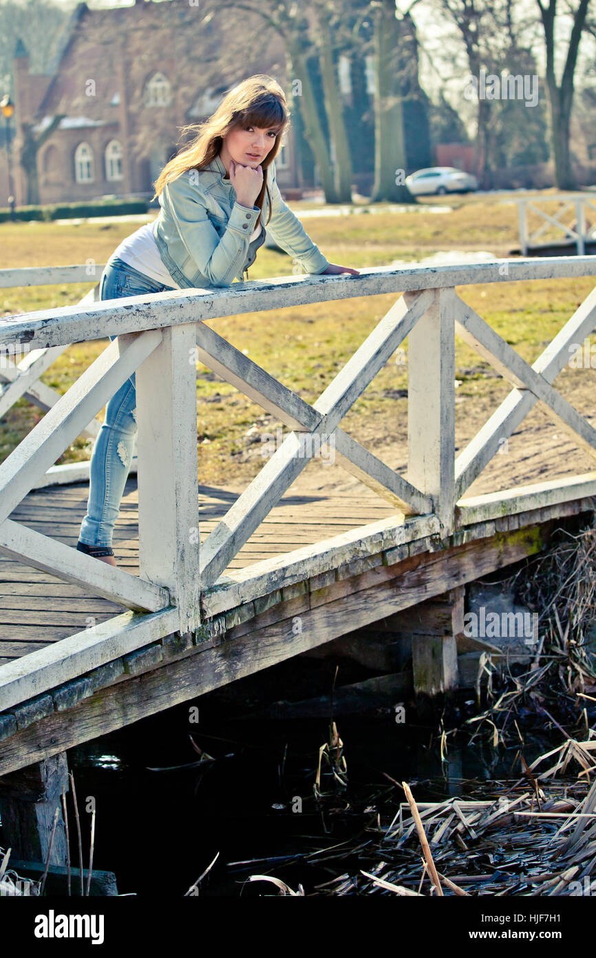 woman, park, bridge, spring, photo model, model, river, water, pose ...