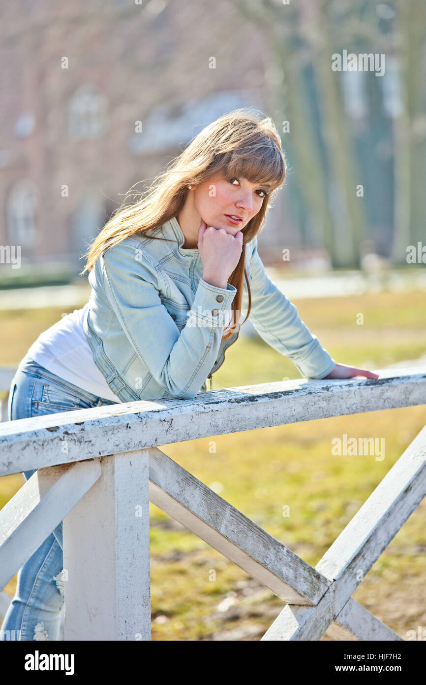 woman, park, bridge, spring, photo model, model, river, water, pose ...