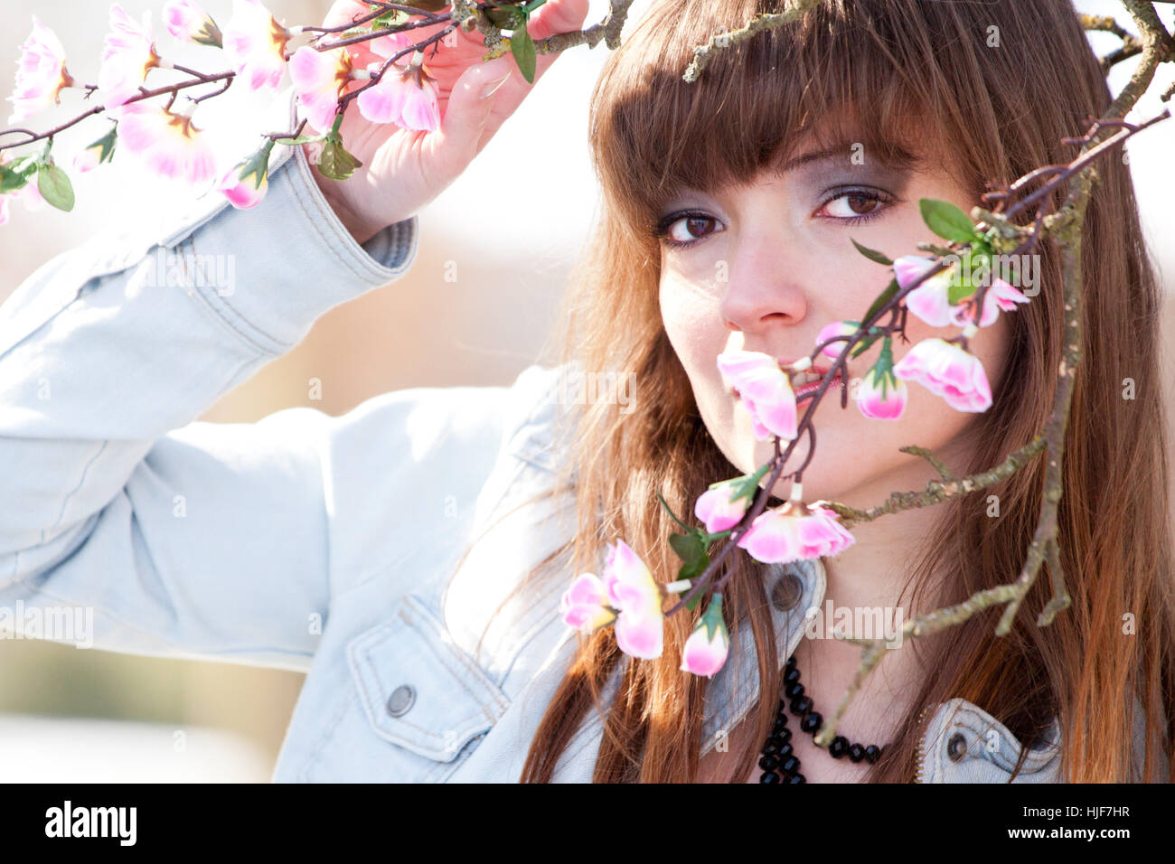 woman, tree, face, blossoms, spring, branch, bleed, woman, tree, face ...