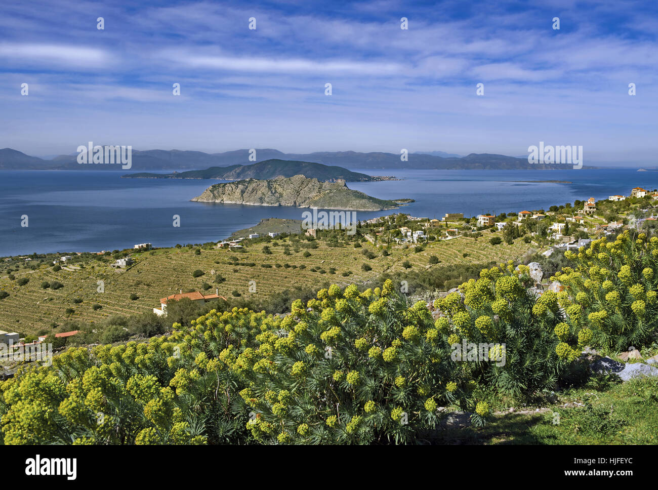 Panoramic view to Perdika village in Aegina island in the Saronic gulf ...