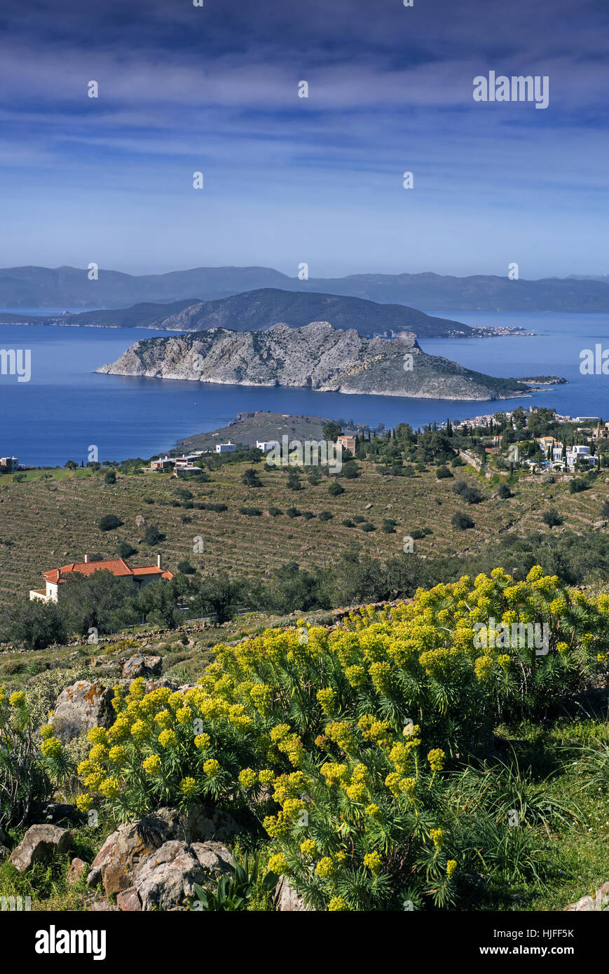 Panoramic view to Perdika village in Aegina island in the Saronic gulf ...