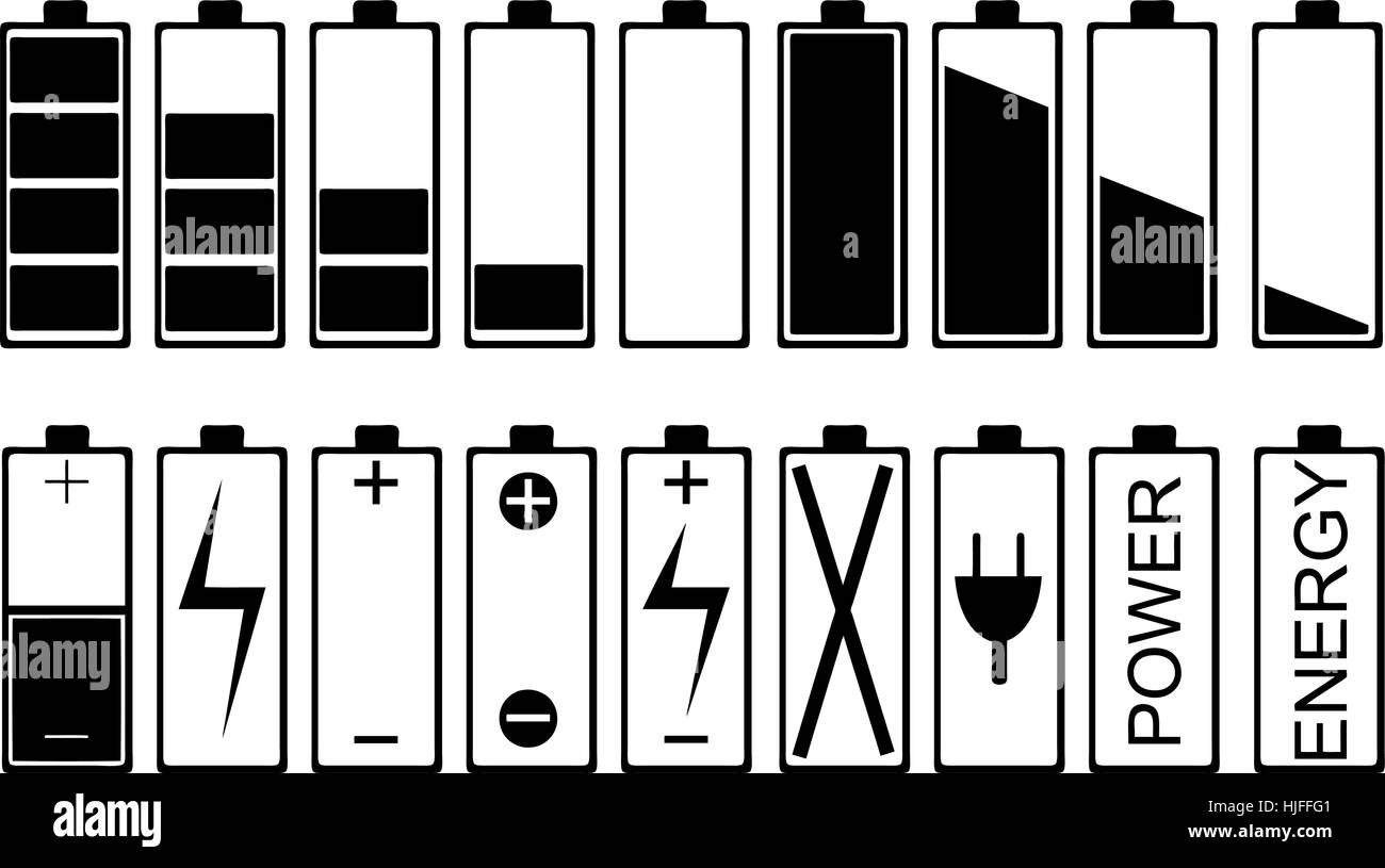 Set battery indicator icons Black and White Stock Photos & Images - Alamy