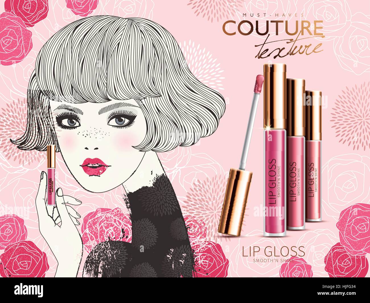 lip gloss ad, showing modern style young girl and rose flower elements ...