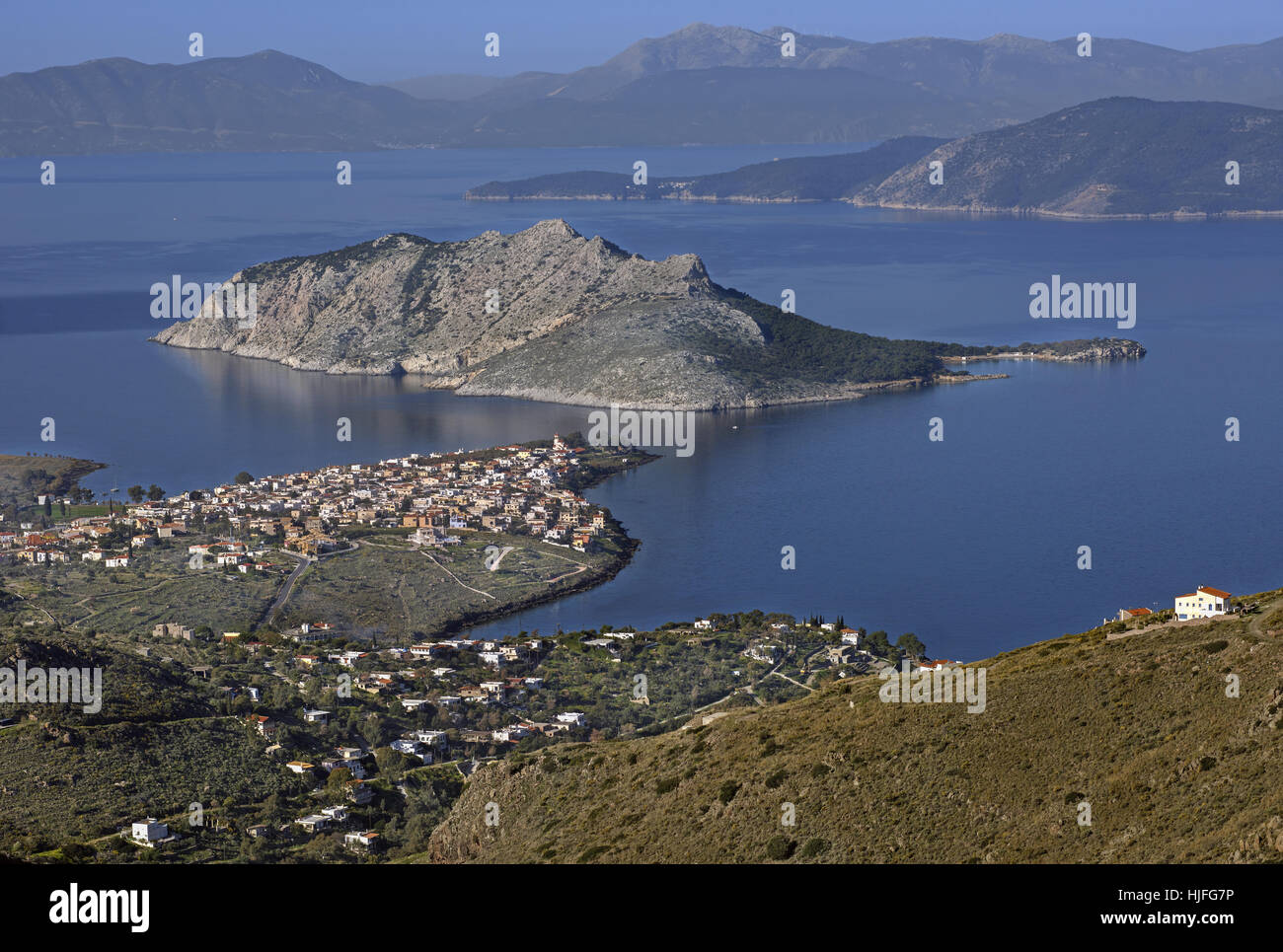 Panoramic view to Perdika village in Aegina island in the Saronic gulf ...