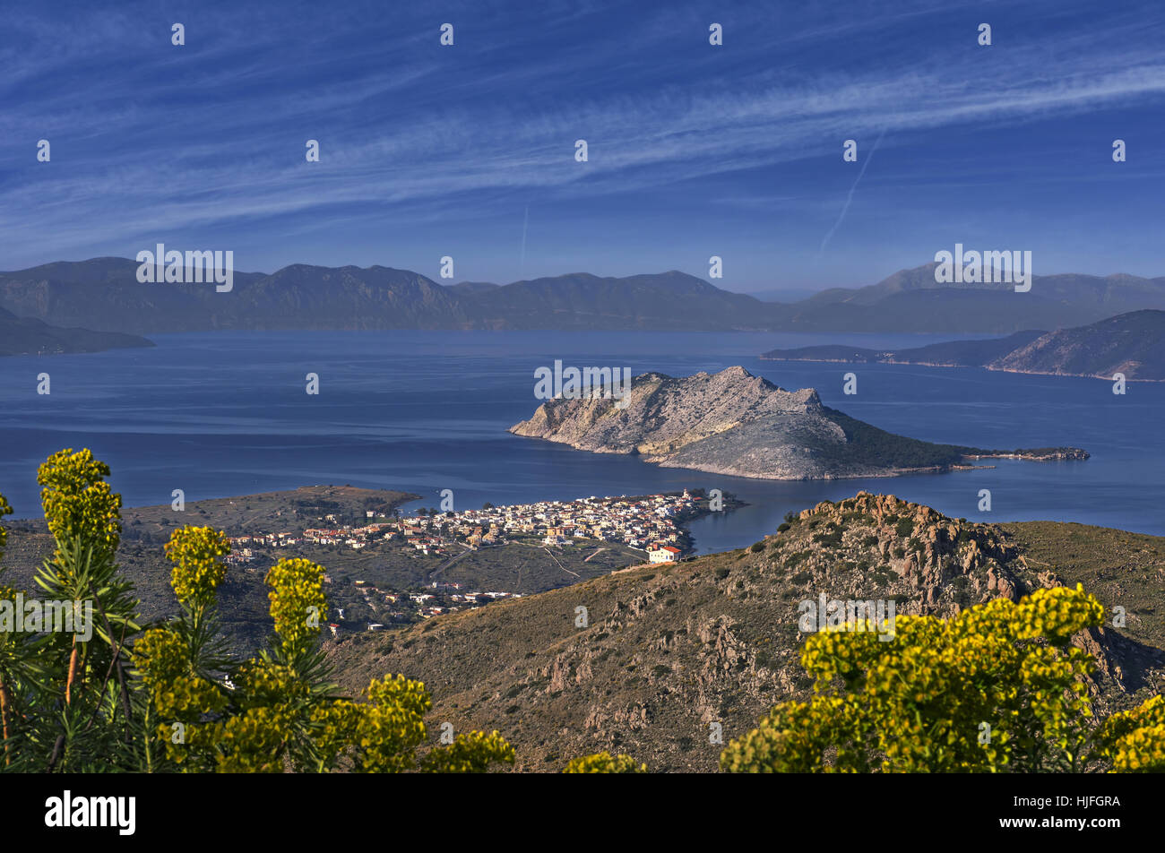 Panoramic view to Perdika village in Aegina island in the Saronic gulf ...
