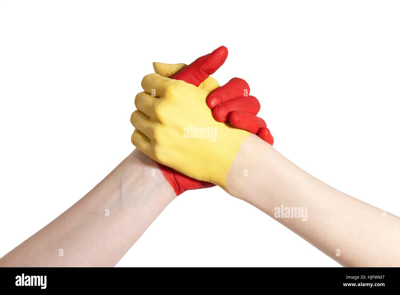 a yellow and a red hand competing or working together, isolated Stock ...