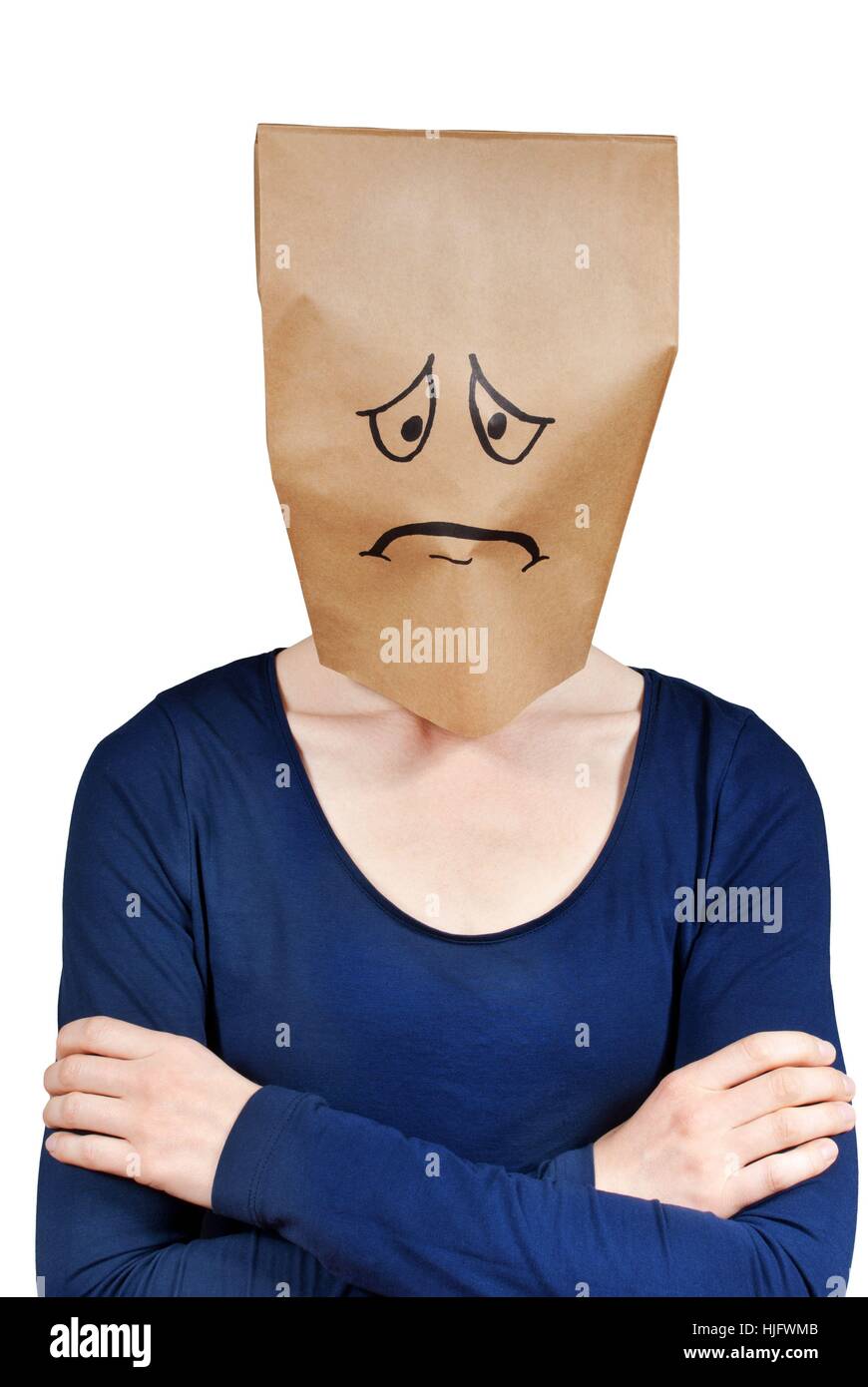 a very sad looking person with paper bag on its head, isolated Stock ...